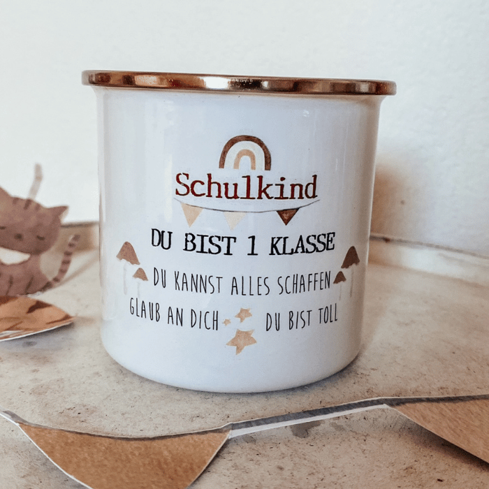 Emaille Tasse Schulkind - Schulhefte-Aktion